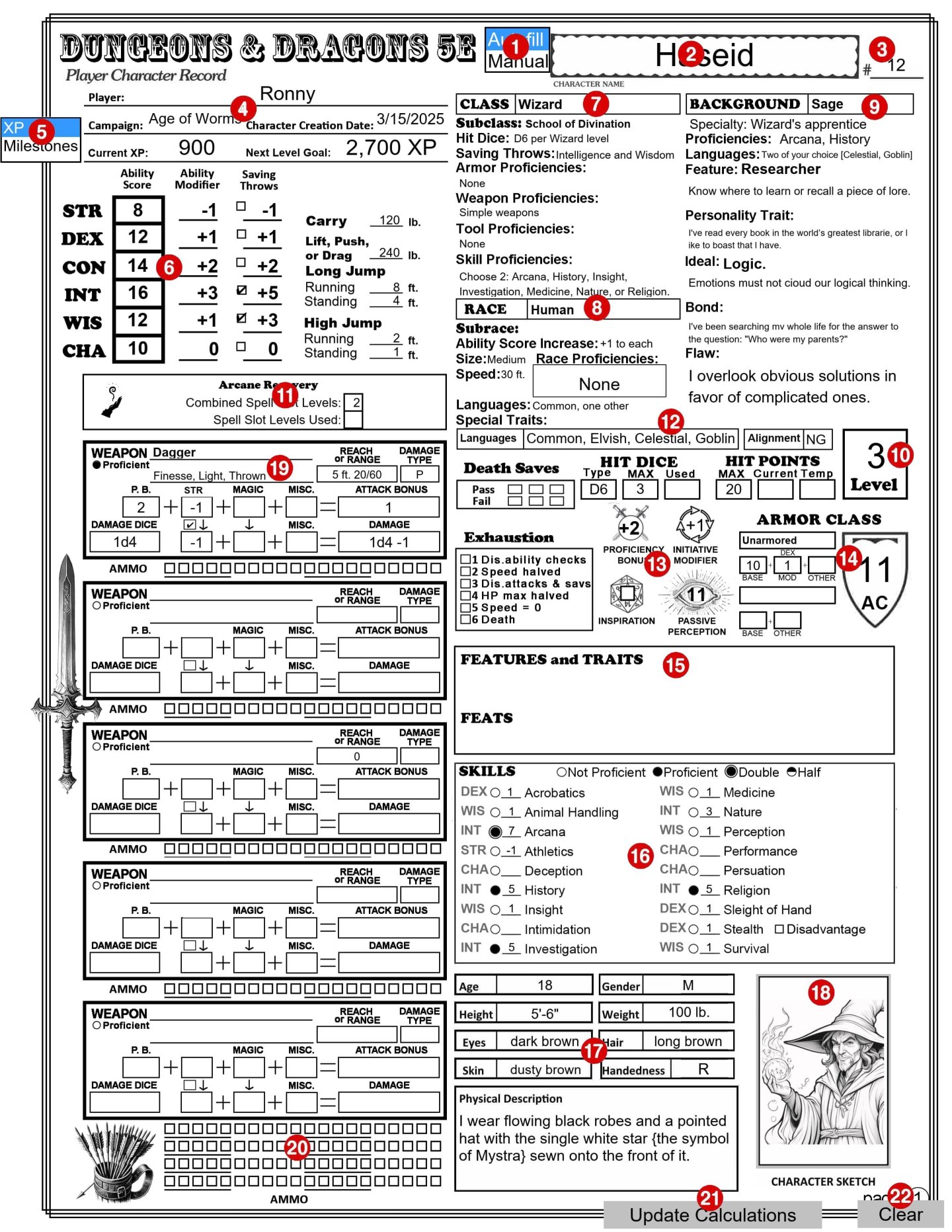D&D 5E (2014) Character Sheet – Fillable and Auto-Calculating | Dungeon ...