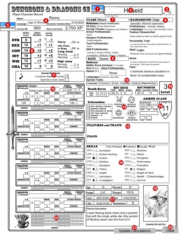 D&D 5E (2014) Character Sheet – Fillable and Auto-Calculating | Dungeon ...